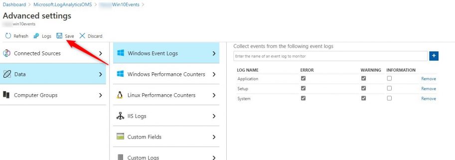 Collect Windows10 Events In Log Analytic Workspace