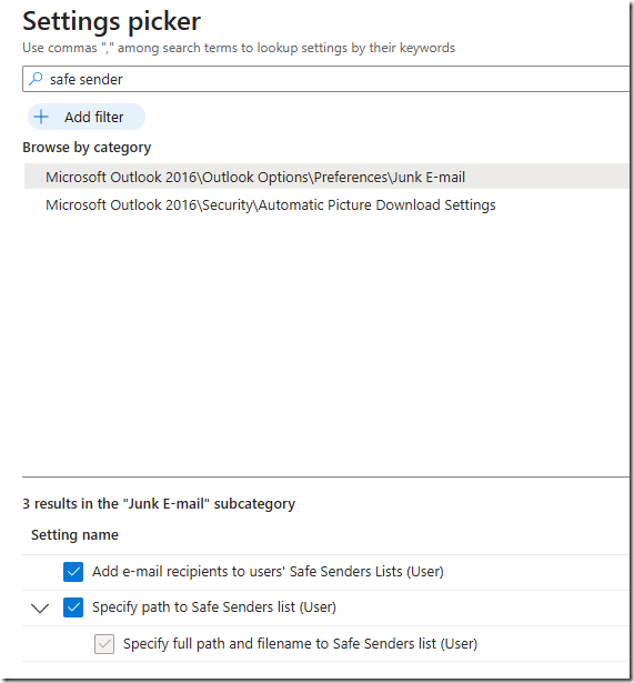 How to configure Intune Outlook Safe Senders